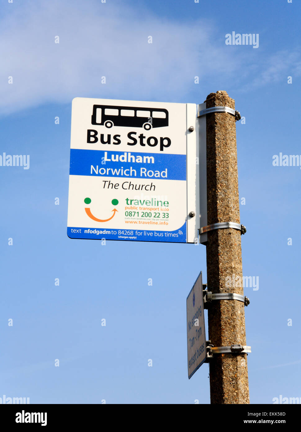 A bus stop sign in the village of Ludham, Norfolk, England, United ...