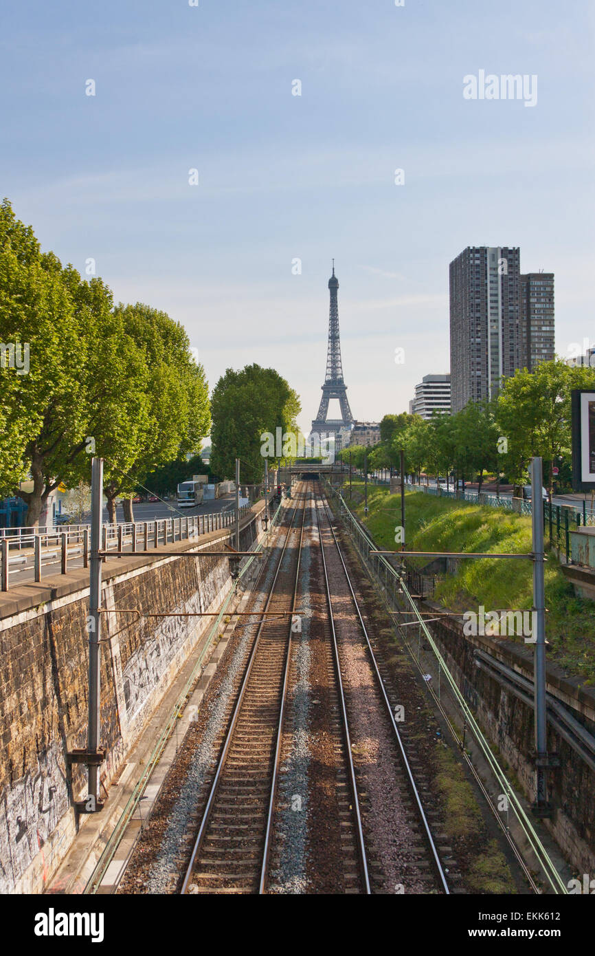 Railway lines and the Eiffel Tower in Paris France in Spring time Stock ...