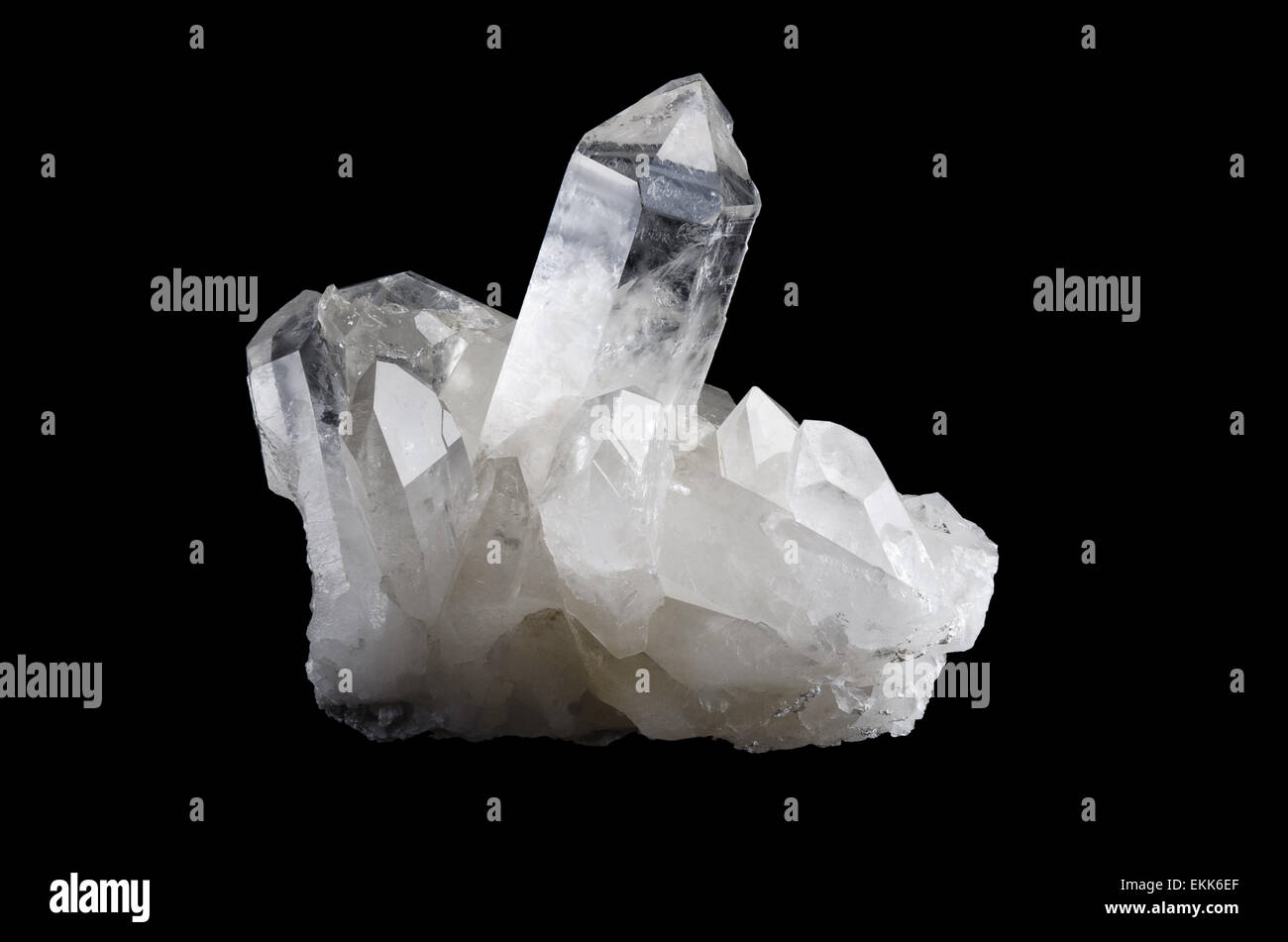 Quartz crystal cluster horizontal on black background, mineral also a ...