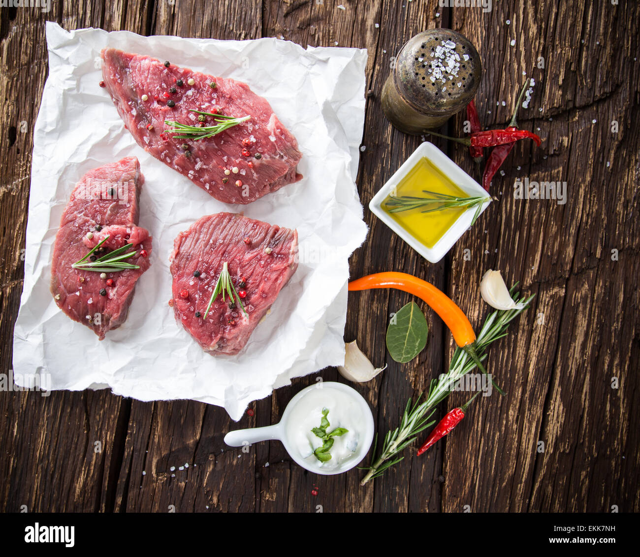 Raw beef steak on wooden table, close-up Stock Photo - Alamy