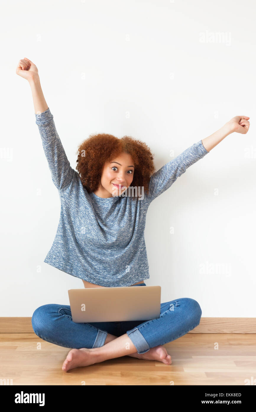 Black African American student girl using a laptop Stock Photo - Alamy