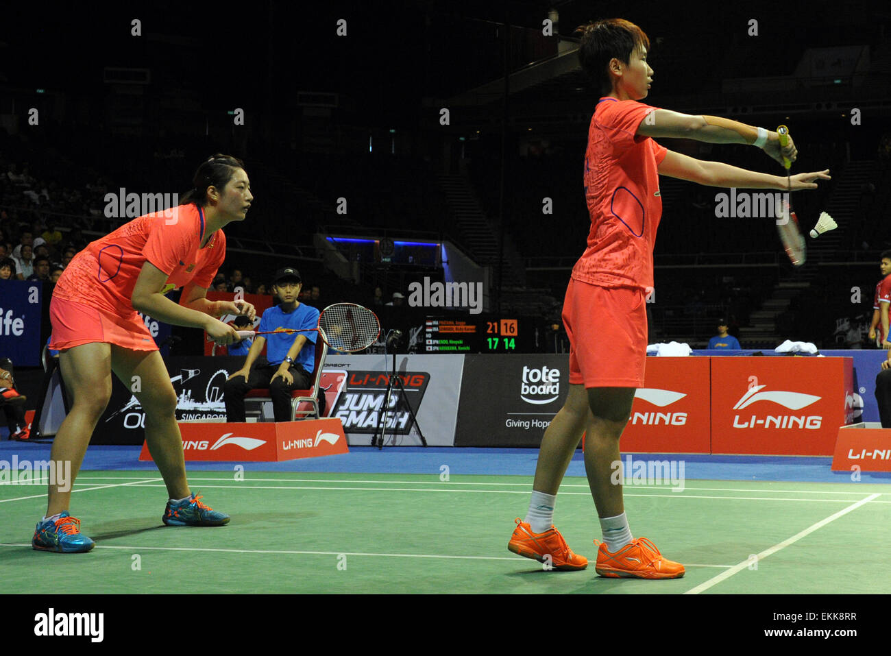 Singapore. 11th Apr, 2015. Ou Dongni (R) and Yu Xiaohan of China ...