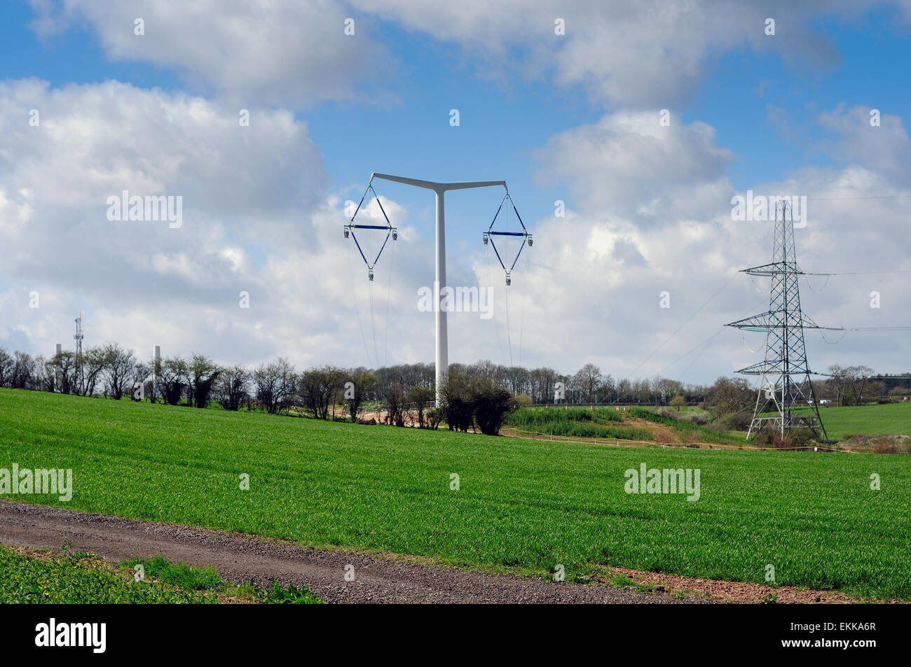 Eakring, North Nottinghamshire, UK: 11th April 2015.New shape T-Pylons ...