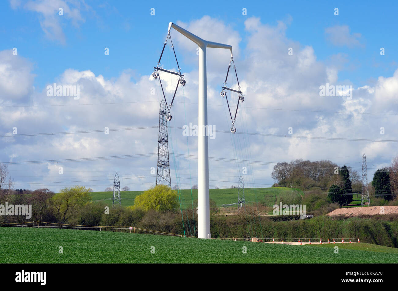 Eakring, North Nottinghamshire, UK: 11th April 2015.New shape T-Pylons ...