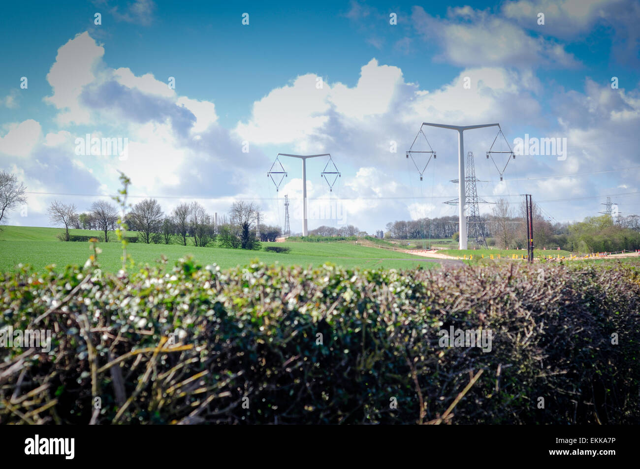 Eakring, North Nottinghamshire, UK: 11th April 2015.New shape T-Pylons ...