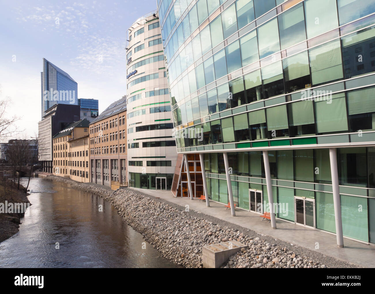 Modern architecture meets old, along the Akerselva river in Oslo Norway ...
