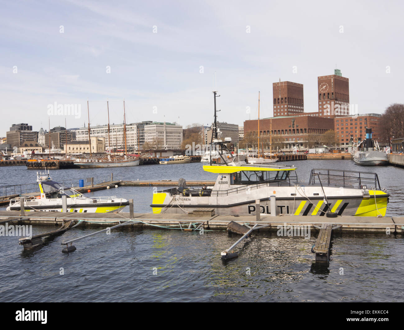 High-speed uniformed police boats in the harbor of Oslo Norway in front ...