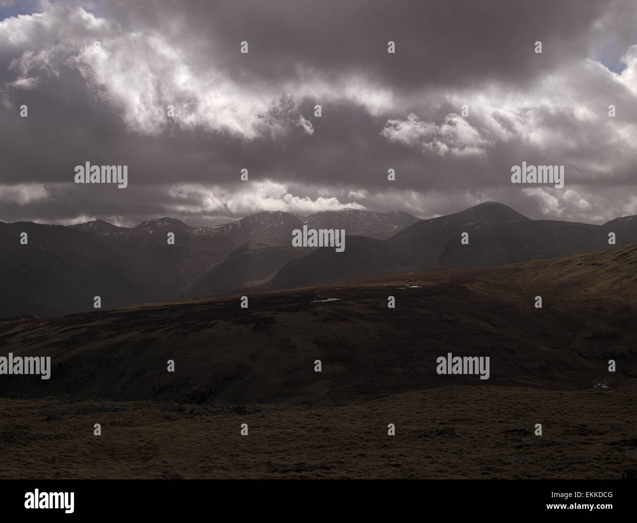The Sca Fell massif under stormy clouds from High Spy Stock Photo - Alamy