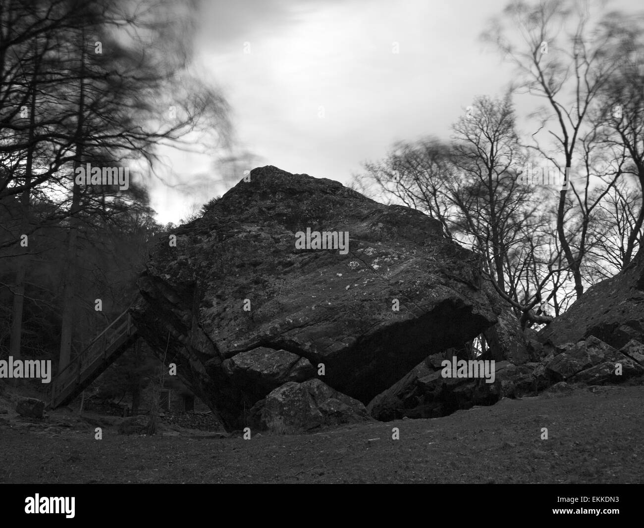 Long exposure of the Bowder Stone in Borrowdale on a windy day Stock ...
