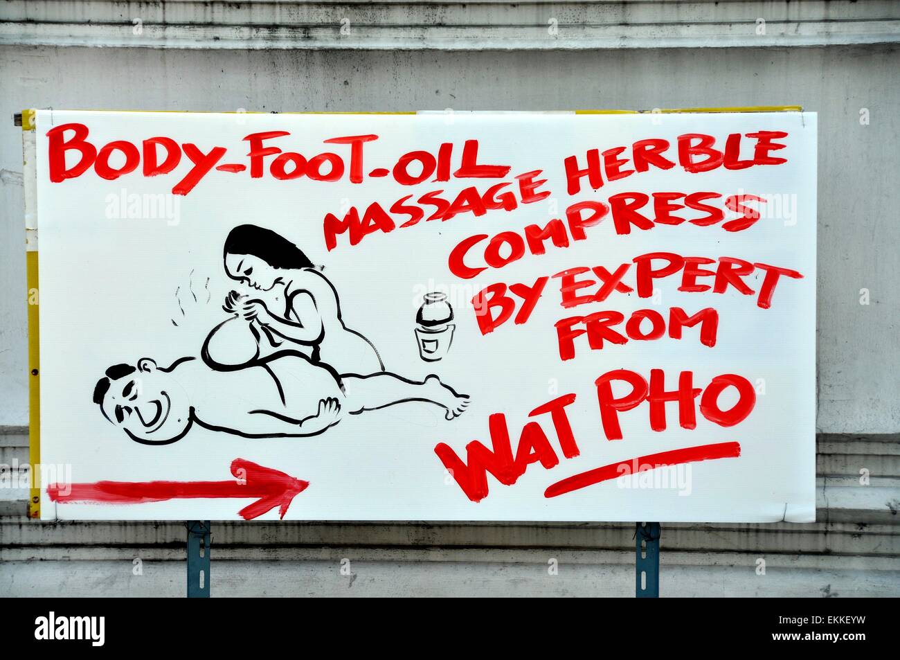 Bangkok, Thailand: Home-made advertising sign for a Thai massage parlor ...