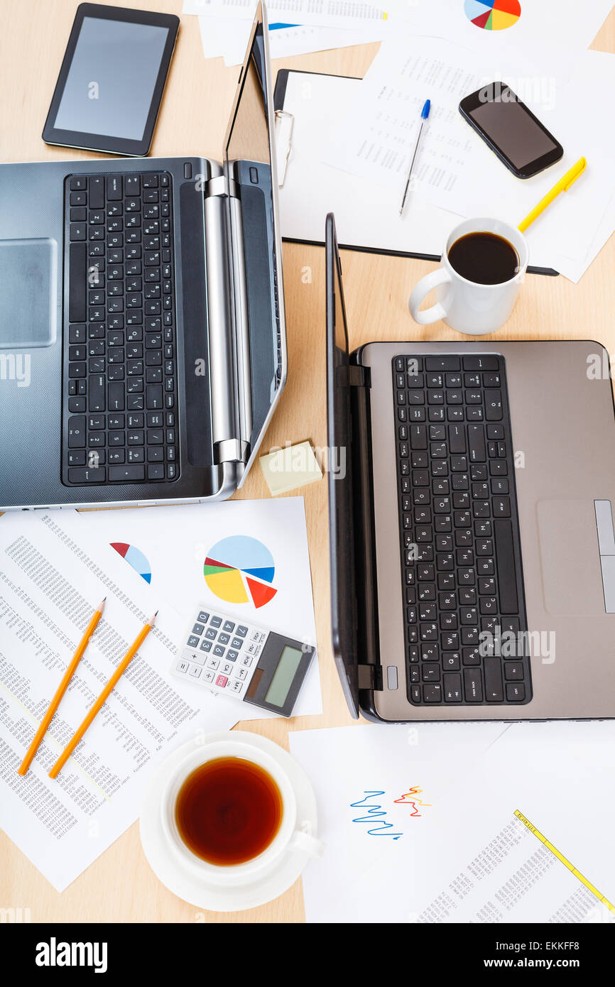 business workflow - top view of table with tools in modern office Stock ...