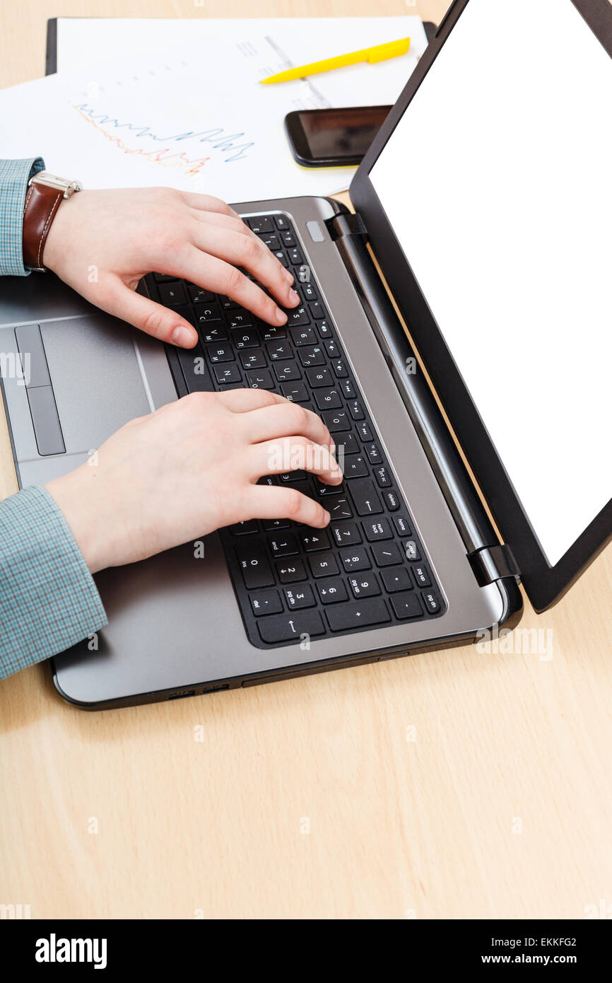 business workflow - working with laptop with cut out screen at office ...