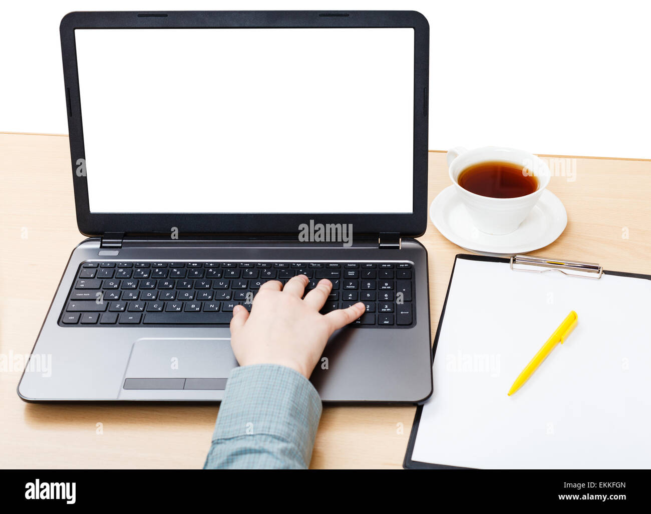 business still life - laptop with isolated screen on office table ...