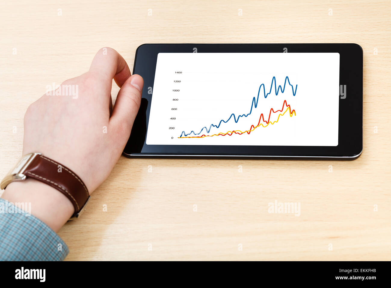 businessman hand and tablet PC with business graph on screen at office ...