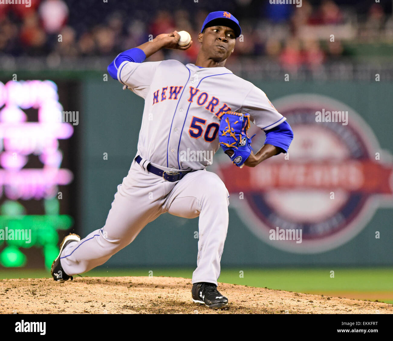 New York Mets pitcher Rafael Montero (50) works in the eighth inning ...
