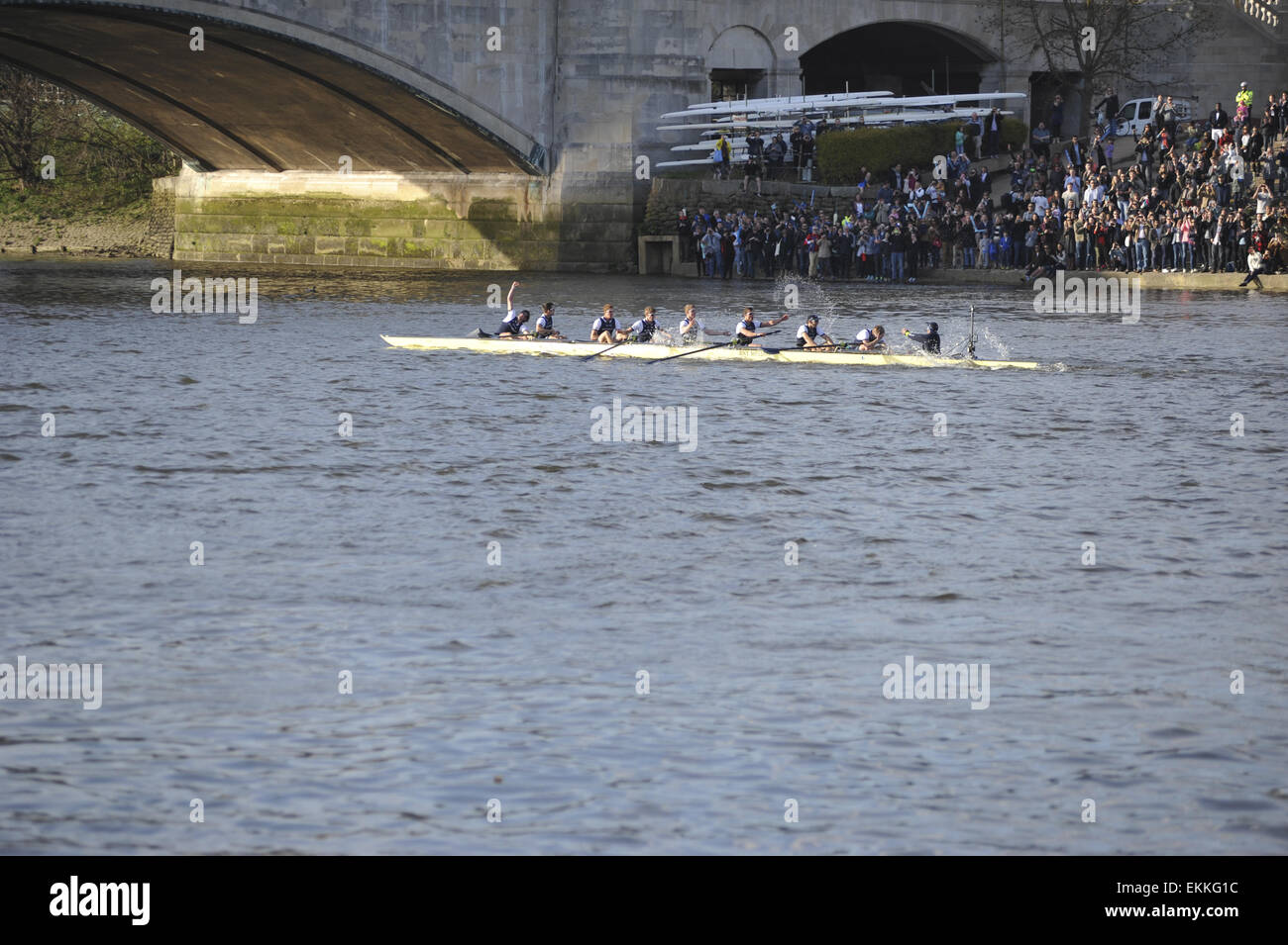 London, UK. 11th Apr, 2015. The Oxford crew celebrating their victory ...