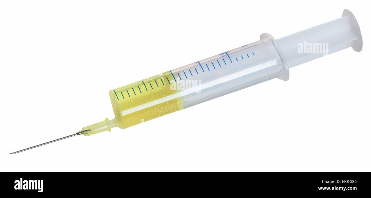 20 ml syringe filled with yellow liquid isolated on white background ...