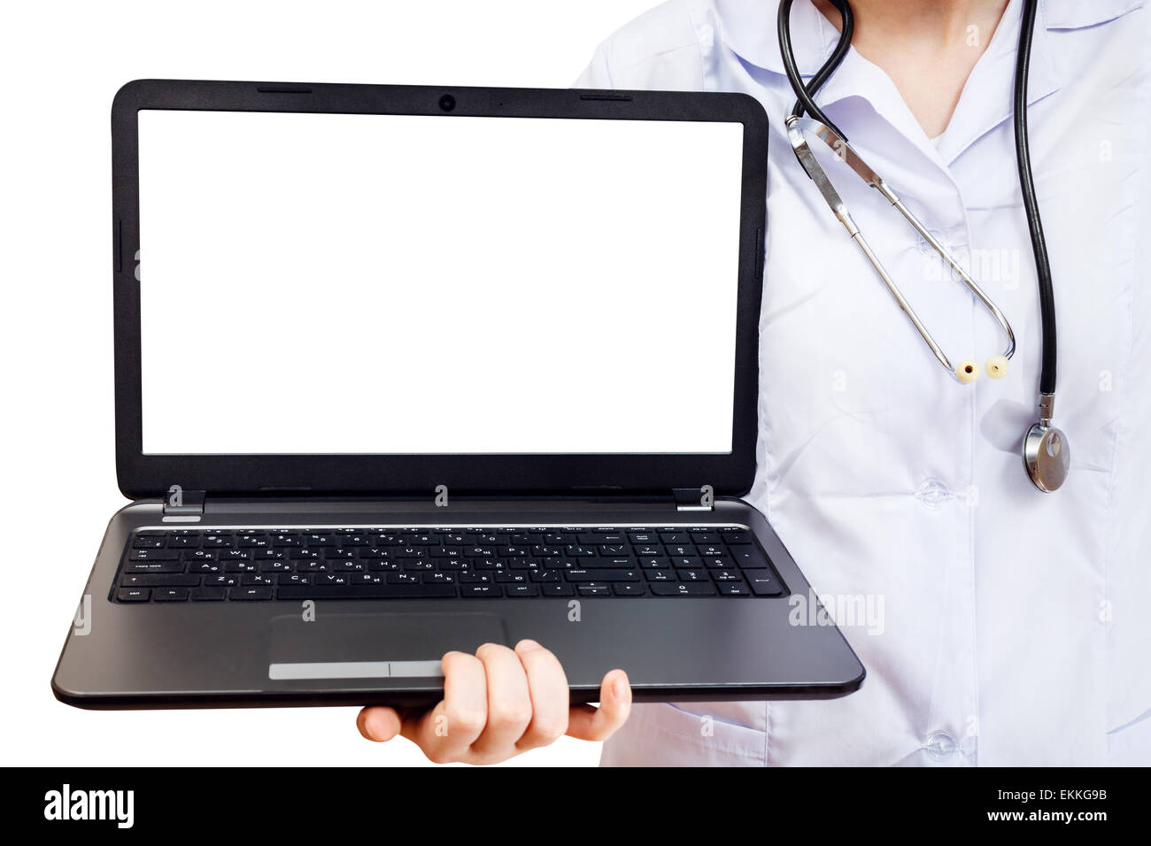 nurse holds computer laptop with blank screen isolated on white ...
