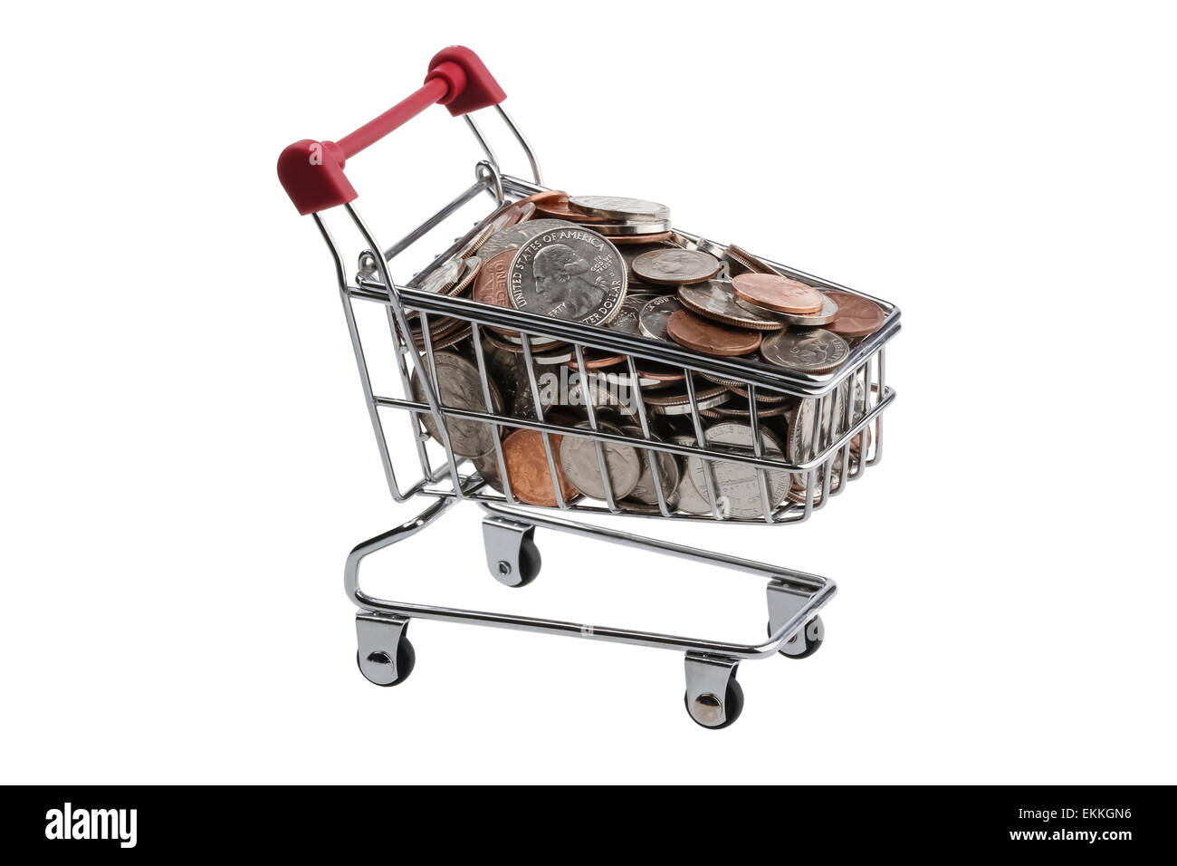 US Dollar coins in a shopping cart, with a red handle on a white ...