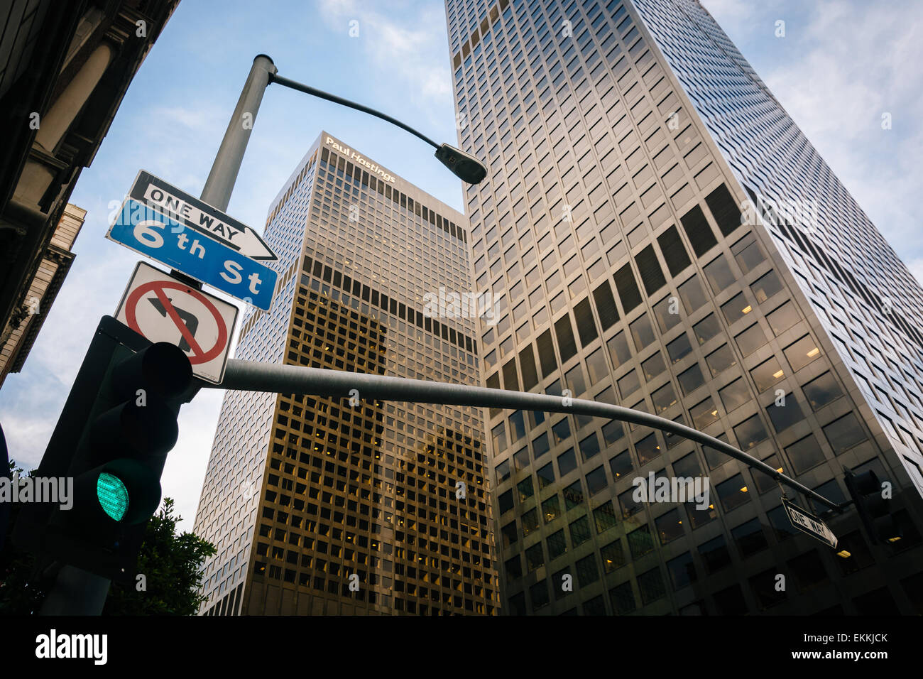 Skyscrapers and street sign in the Financial District, in downtown Los ...