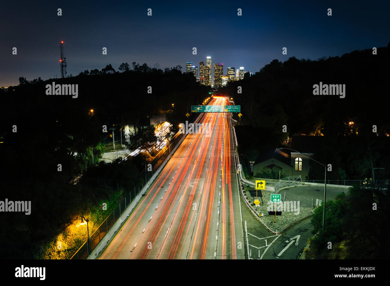 View of the 110 Freeway and downtown Los Angeles Skyline at night, from ...