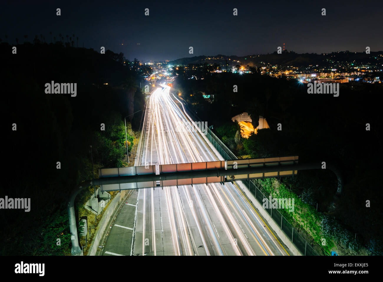 View of the 110 Freeway at night, from the Park Row Drive Bridge, in ...