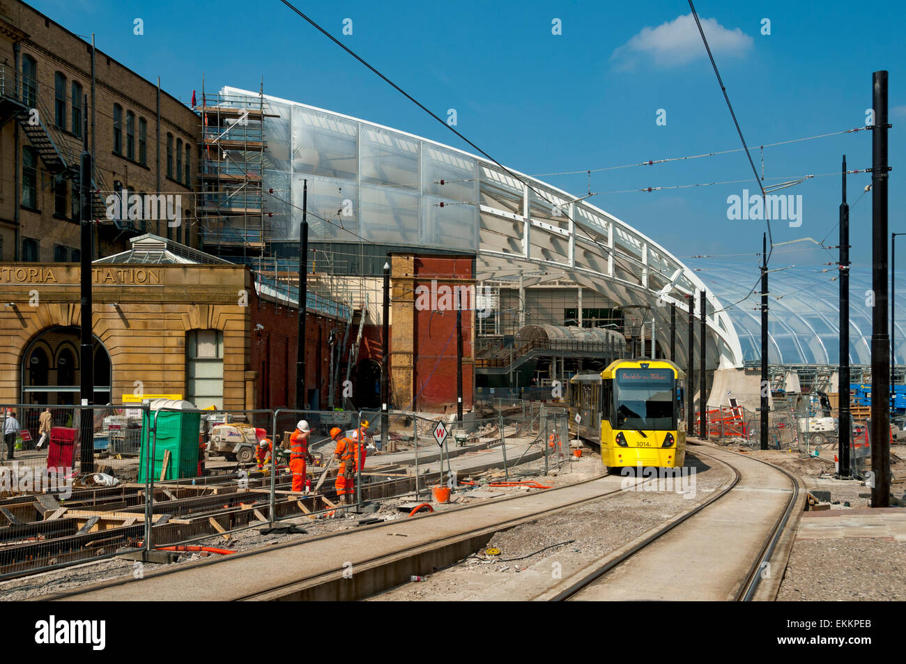 Metrolink tram outside Victoria Station during redevelopment works ...