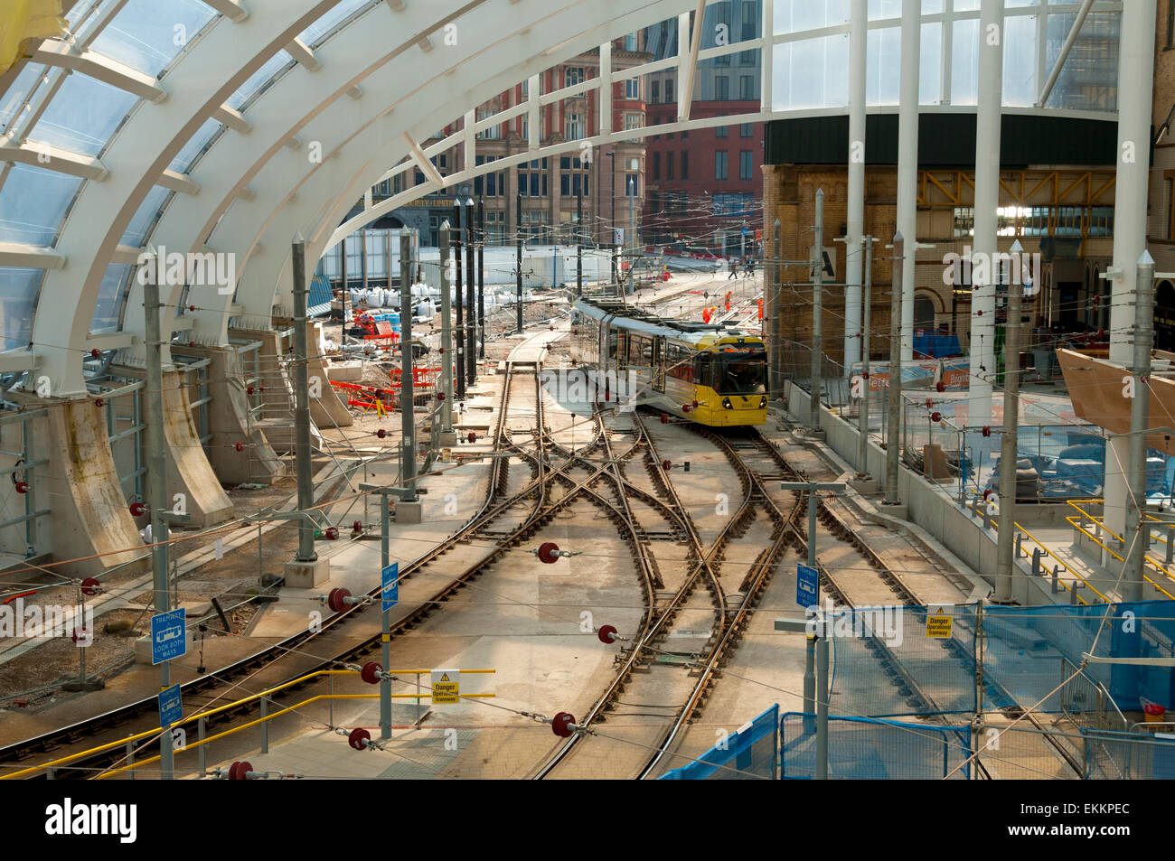 Metrolink tram inside Victoria Station during redevelopment works ...
