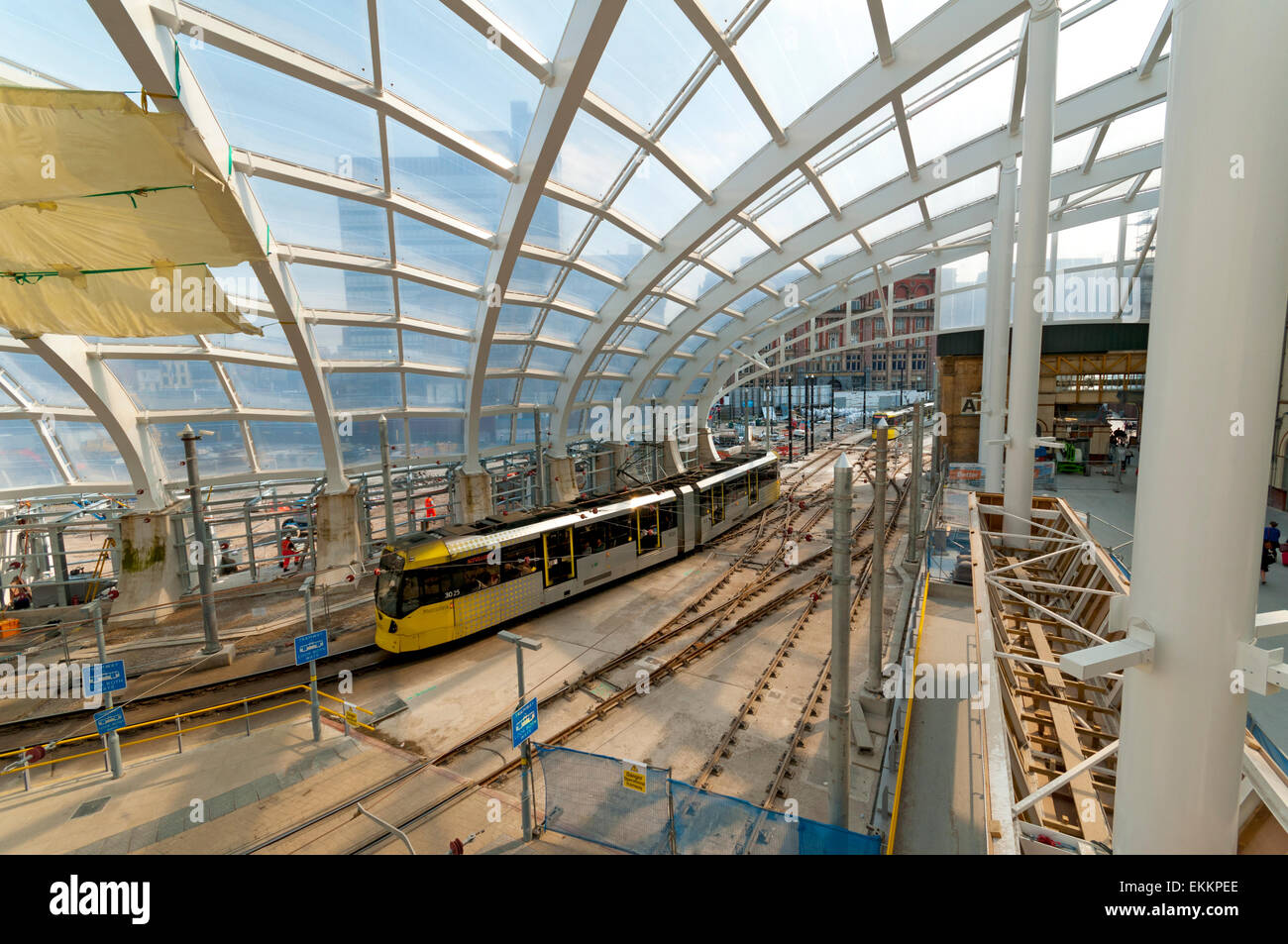 Metrolink tram inside Victoria Station during redevelopment works ...