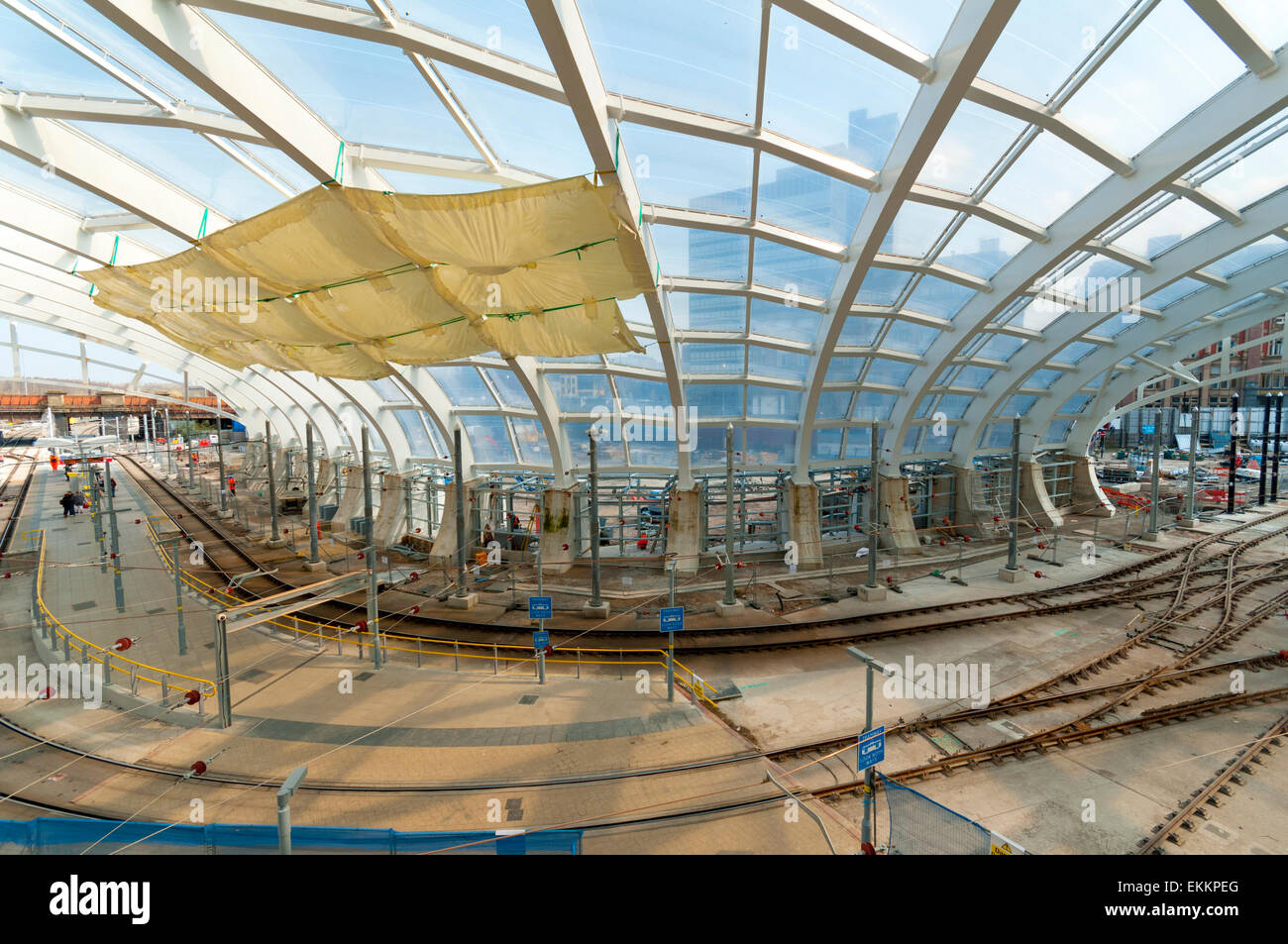 Metrolink tram stop and tracks inside Victoria Station during ...