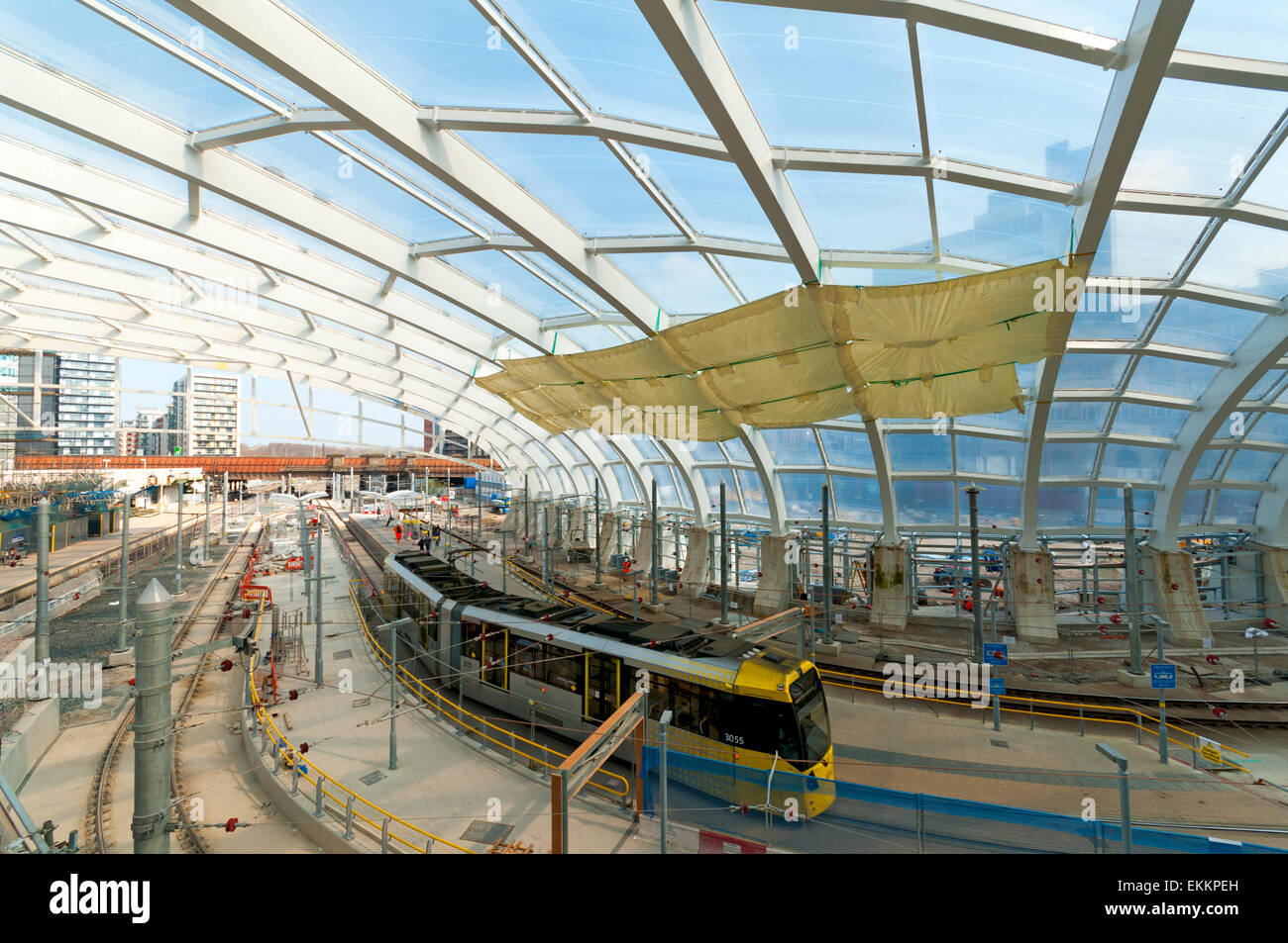 Metrolink tram inside Victoria Station during redevelopment works ...