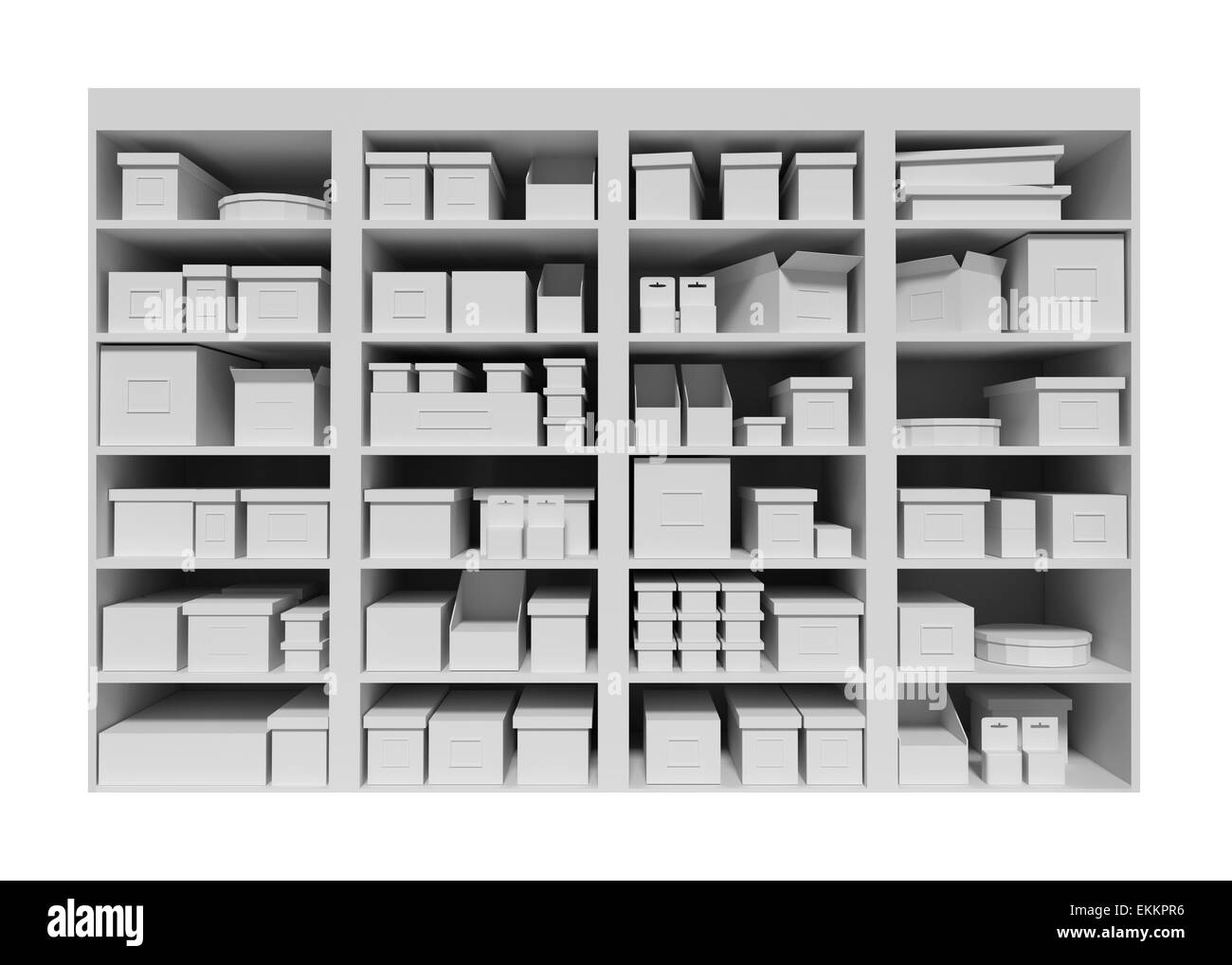 Supermarket shelf with boxes from front, on white background Stock ...
