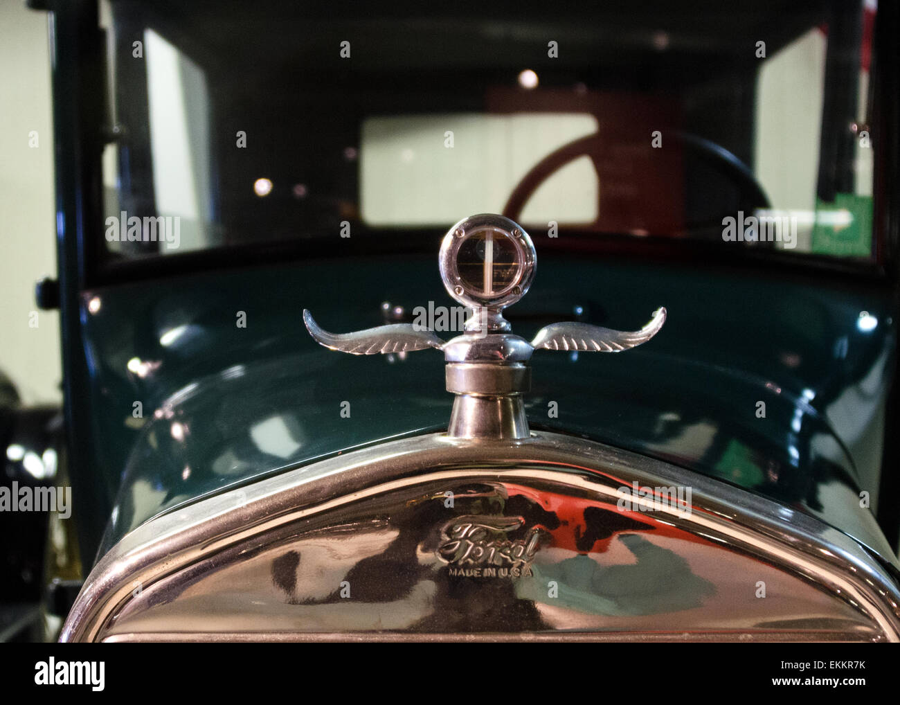 Hood ornament of a 1926 Ford Model T Tudor Sedan at the Seal Cove Auto ...