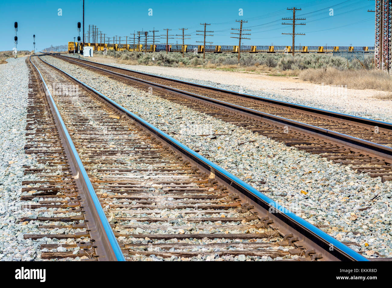 Railroad tracks and train with power lines Stock Photo - Alamy
