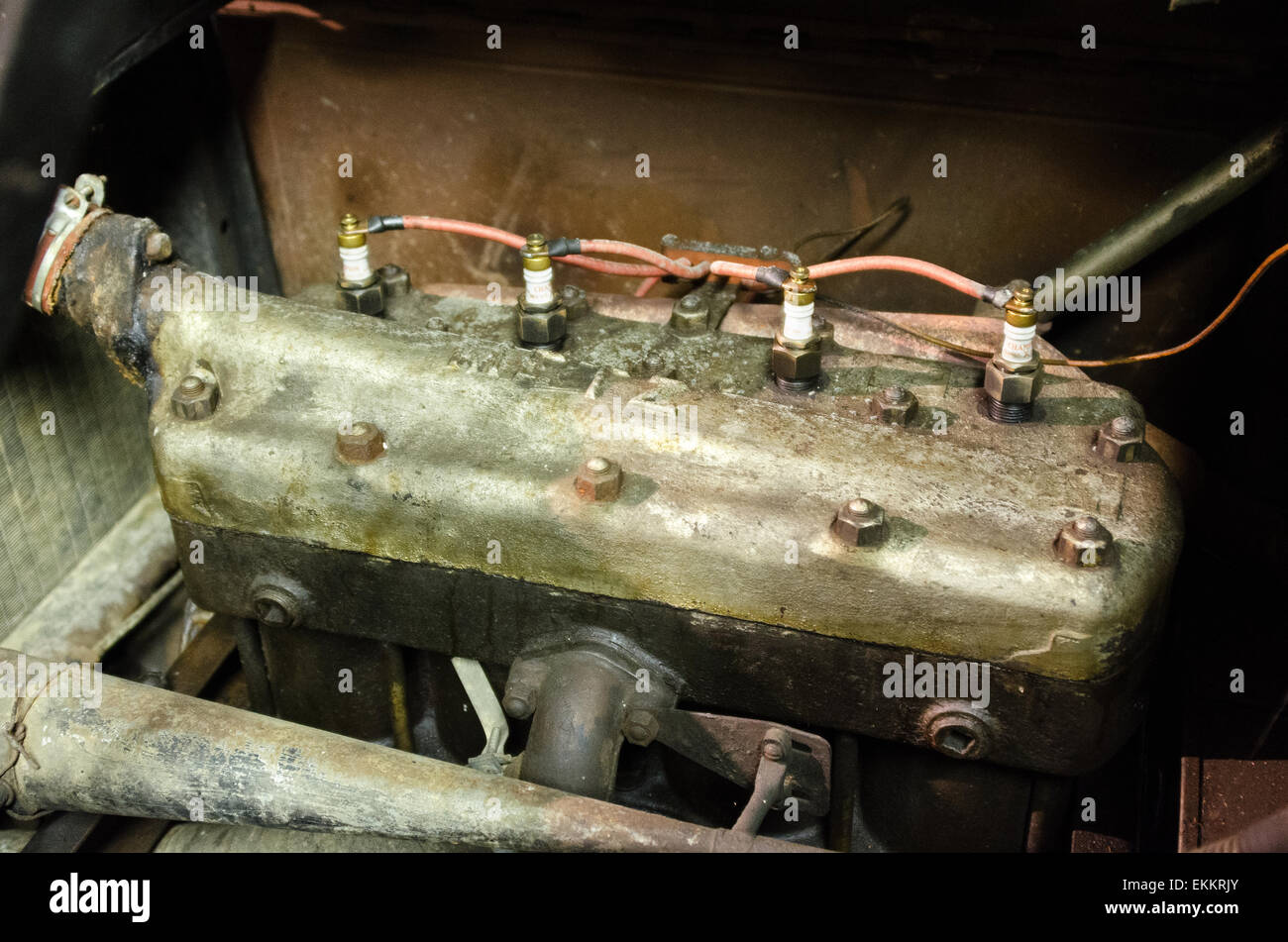 The 22 horsepower, four-cyclinder engine of a 1913 Metz runabout at the ...