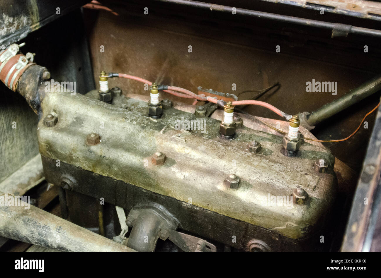 The 22 horsepower, four-cyclinder engine of a 1913 Metz runabout at the ...