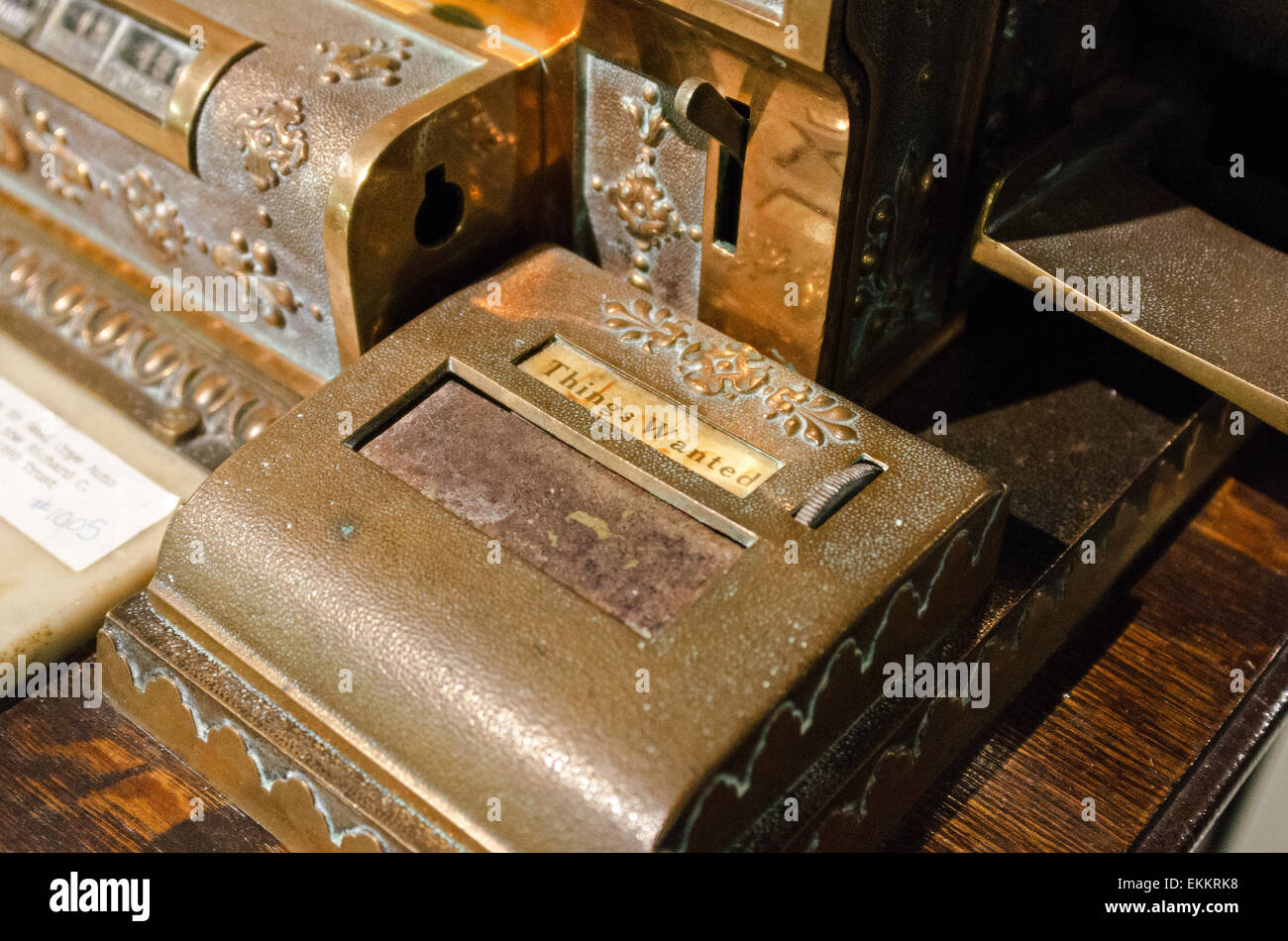 "Things Wanted" label on an antique cash register at the Seal Cove Auto ...