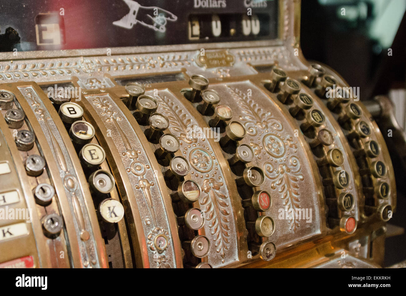 Side view of an antique cash register at the Seal Cove Auto Museum ...