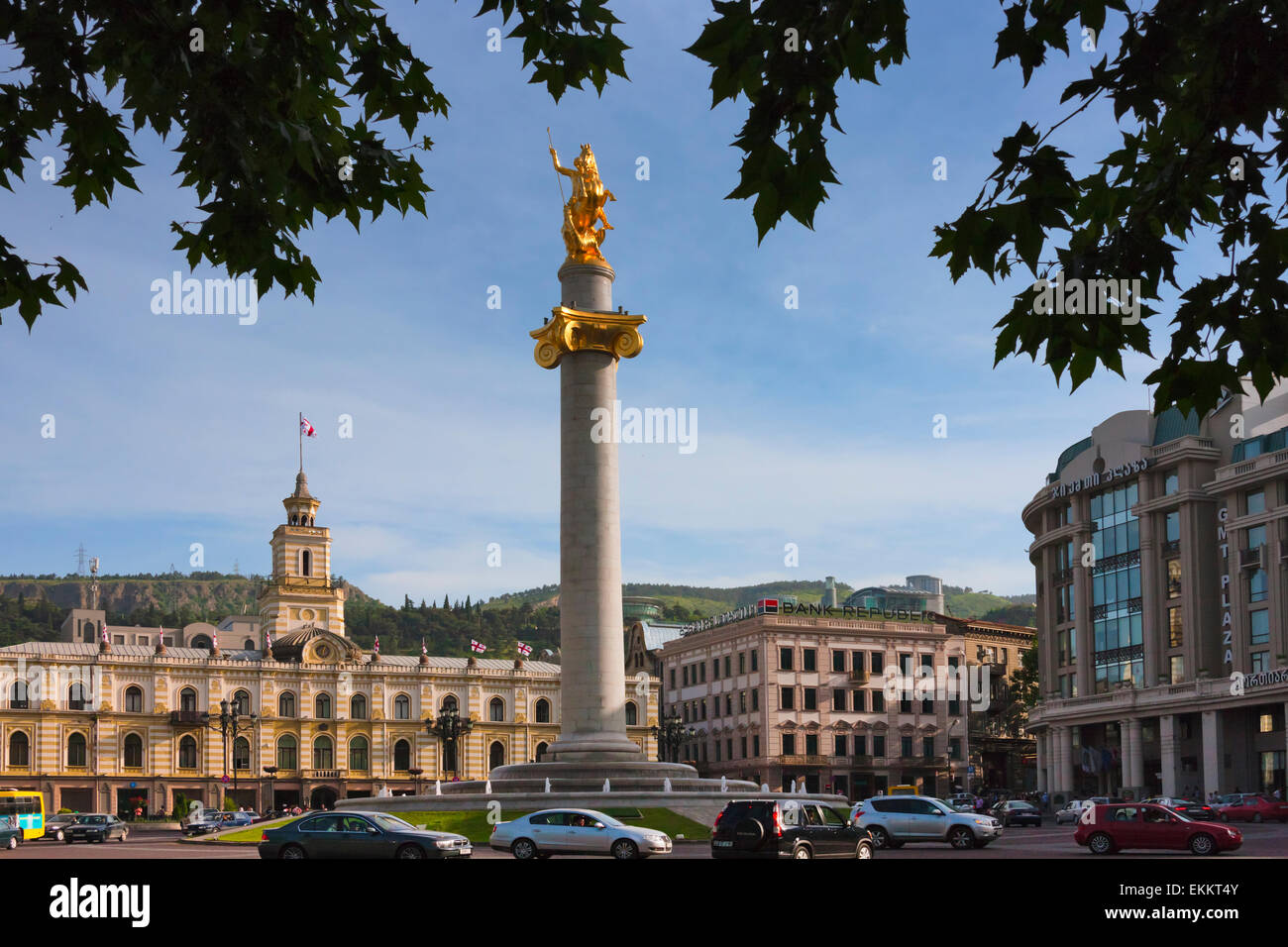 Golden Statue of St. George in Freedom Square, Tbilisi, Georgia Stock ...