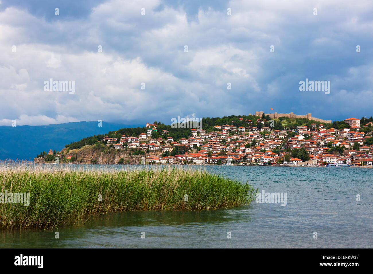 Tsar Samuil's Fortress with Ohrid cityscape on the shores of Lake Ohrid ...