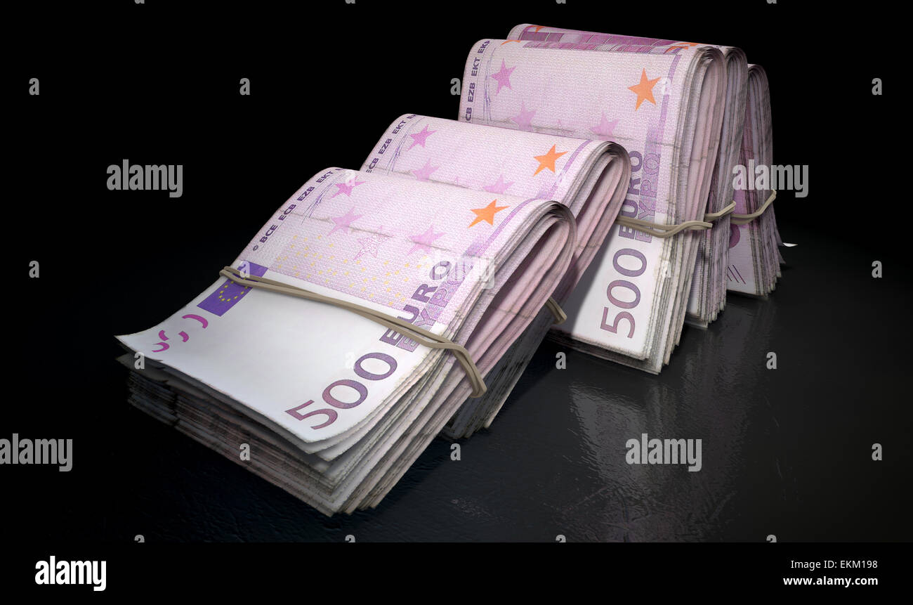 A close-up view of five wads of folded over stacks of euro banknotes ...