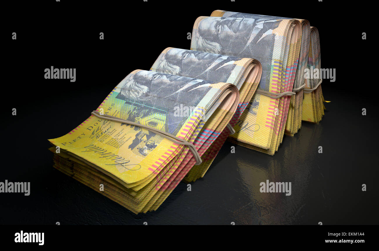A close-up view of five wads of folded over stacks of australian dollar ...