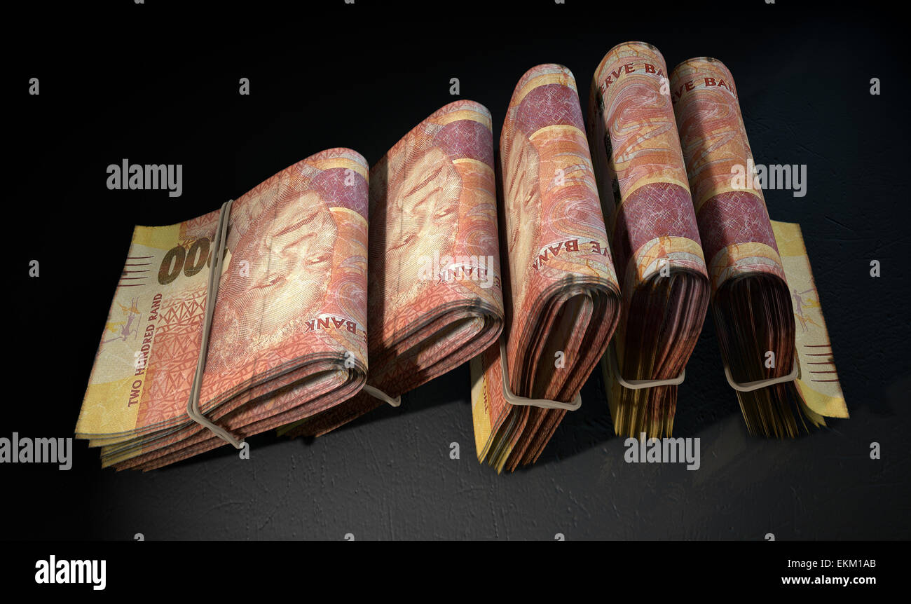 A close-up view of five wads of folded over stacks of south african ...