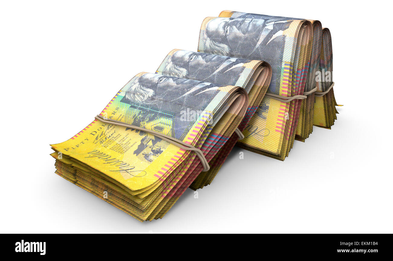 A close-up view of five wads of folded over stacks of australian dollar ...