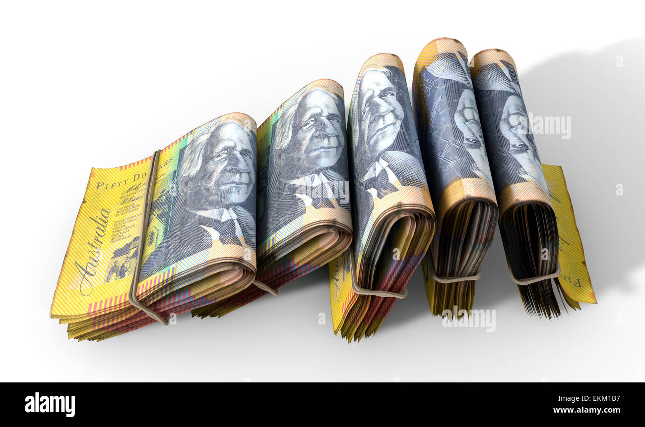 A close-up view of five wads of folded over stacks of australian dollar ...