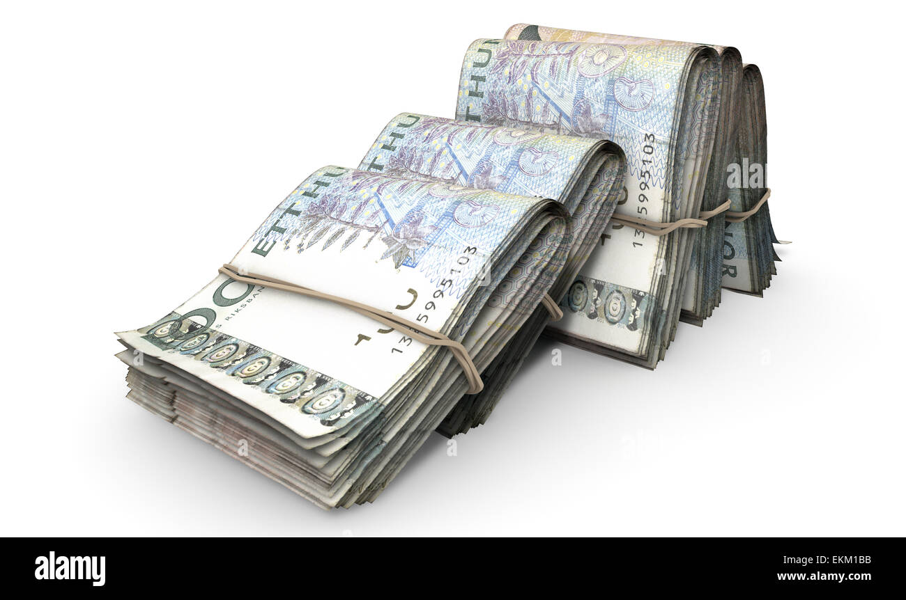 A close-up view of five wads of folded over stacks of swedish kronor ...