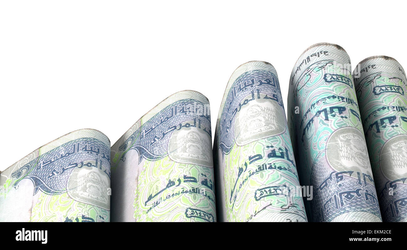 A close-up view of five wads of folded over stacks of dirham banknotes ...