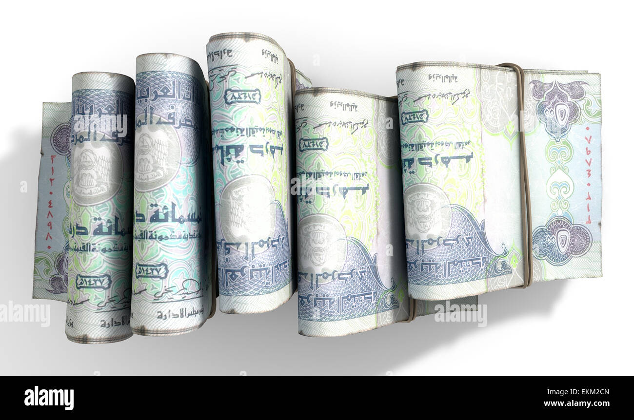 A close-up view of five wads of folded over stacks of dirham banknotes ...