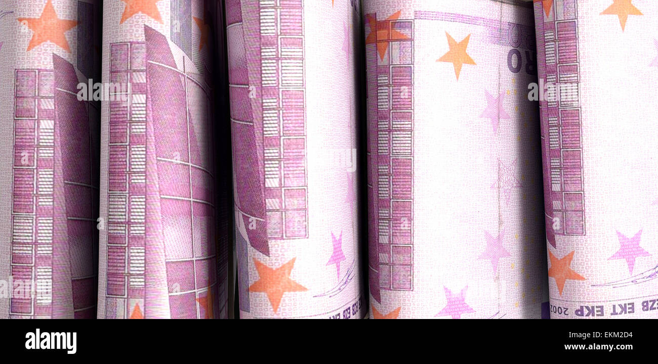 A close-up view of five wads of folded over stacks of euro banknotes ...