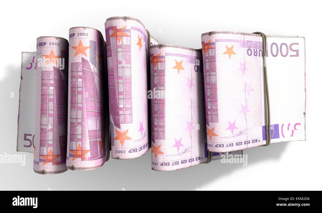 A close-up view of five wads of folded over stacks of euro banknotes ...